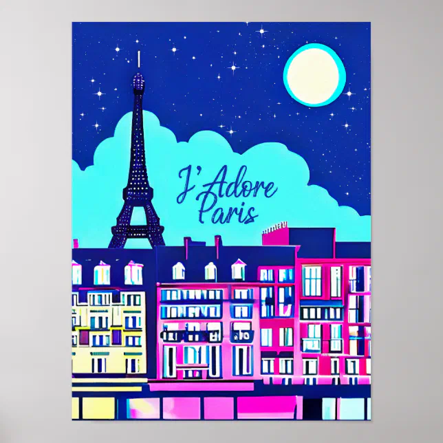 J'adore Paris - Fantasy Paris Under a Full Moon Poster | Zazzle