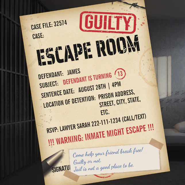 Jail Escape Room Birthday Invitation | Zazzle