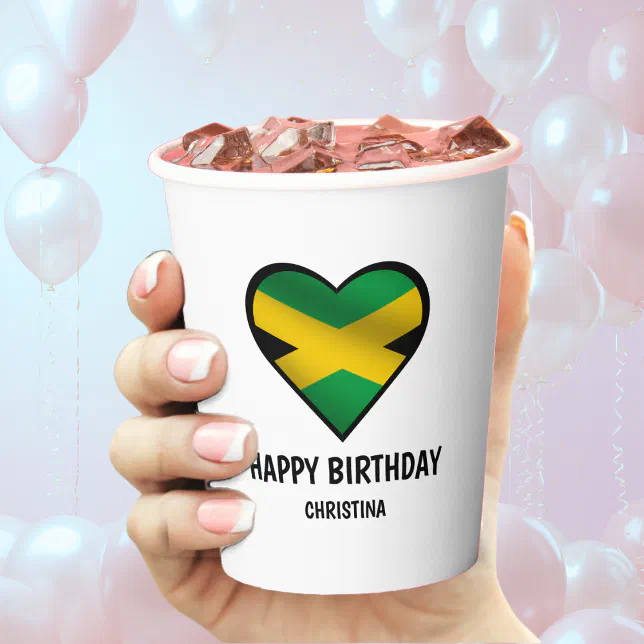 Jamaica Jamaican Flag Heart Happy Birthday Paper Cups | Zazzle