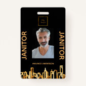 Janitor photo black gold logo city skyline badge | Zazzle