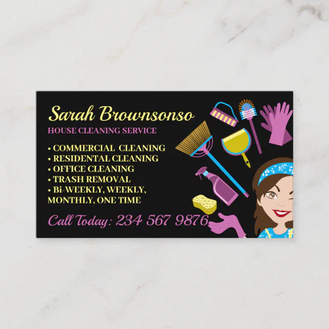 Janitorial Lady Cartoon Girl Black House Cleaning Business Card | Zazzle