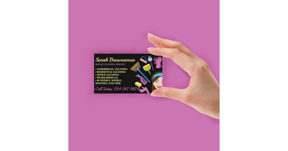 Janitorial Lady Cartoon Girl Black House Cleaning Business Card | Zazzle