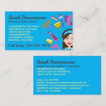 Janitorial Lady Cartoon House Cleaning Service Business Card | Zazzle