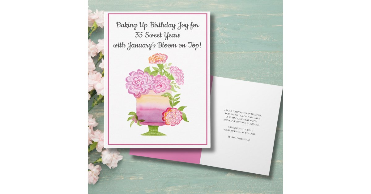 January 35th Birthday Cake Purple Carnations Card | Zazzle