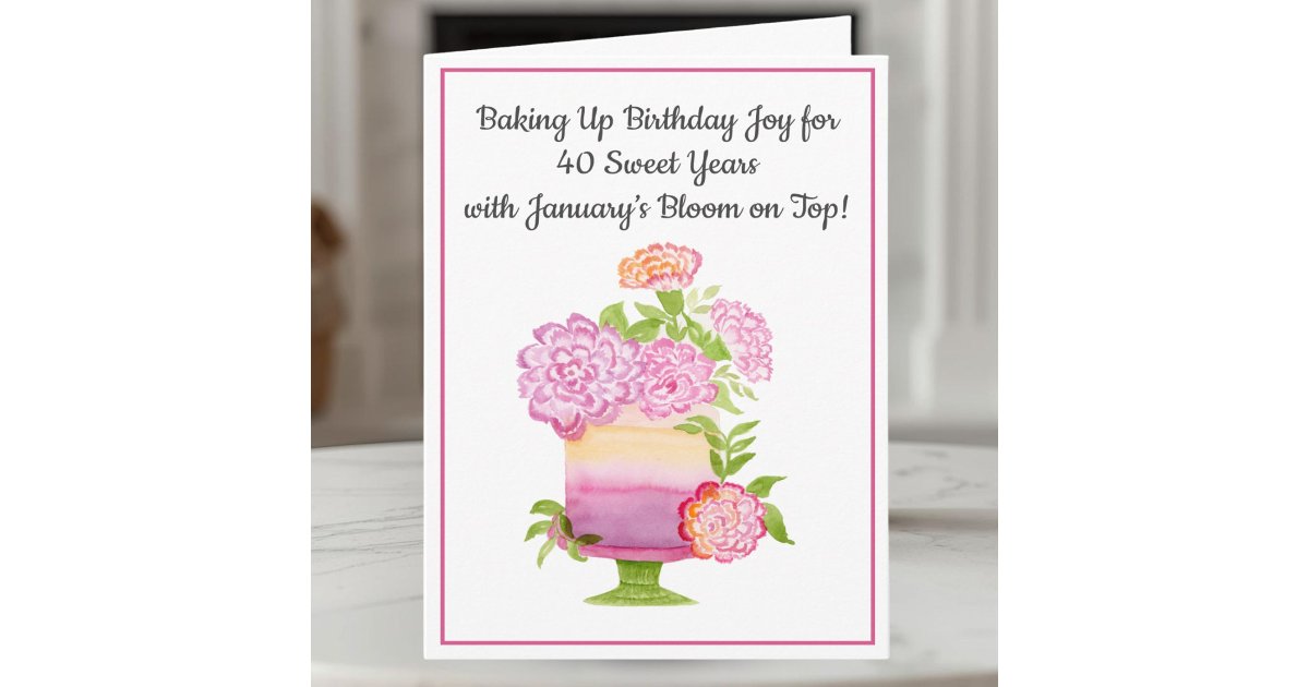 January 40th Birthday Cake Purple Carnations Card | Zazzle