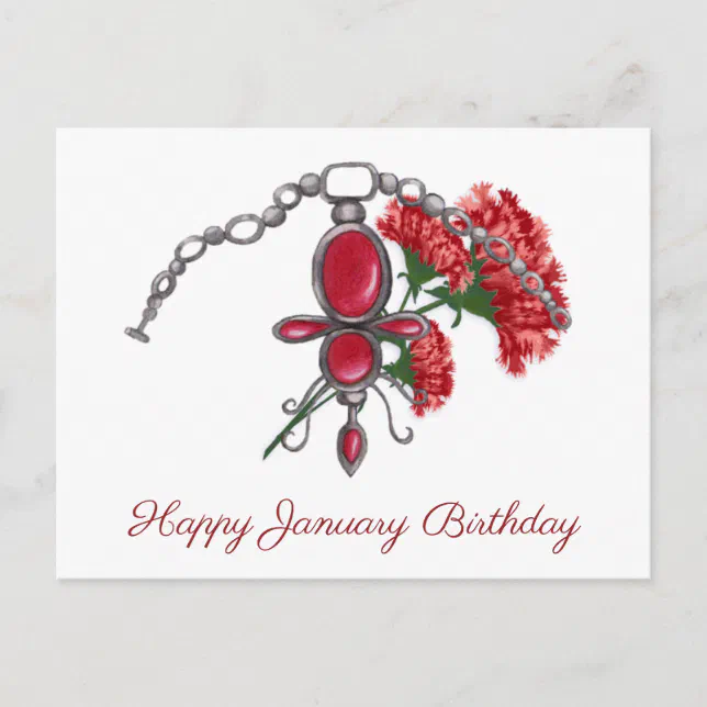 January Birthstone and Flower, Garnet & Carnation Postcard | Zazzle