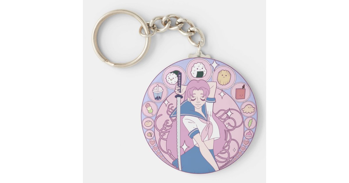 Japan Pink Anime Schoolgirl Art Nouveau Keychain | Zazzle