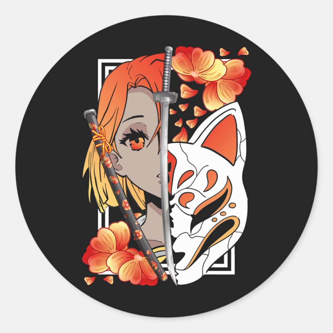 Japanese Anime Girl Mask Samurai Sword Flowers Classic Round Sticker ...