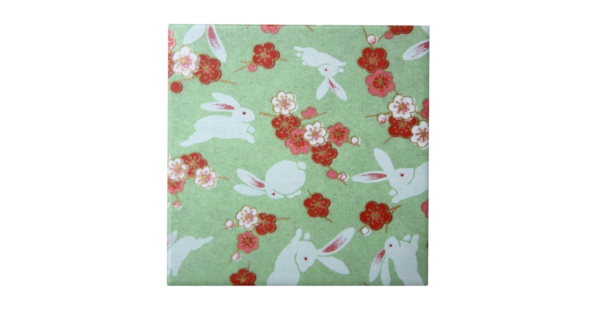 Japanese Art: Green Sakuras and Rabbits Tile | Zazzle