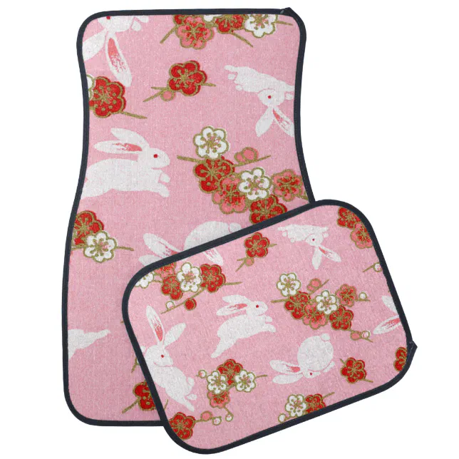Japanese Art: Pink Sakuras & Rabbits Car Mat Set | Zazzle