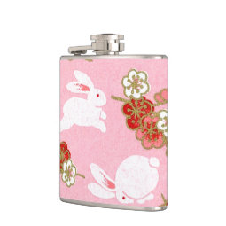 Japanese Art: Pink Sakuras & Rabbits Hip Flask | Zazzle