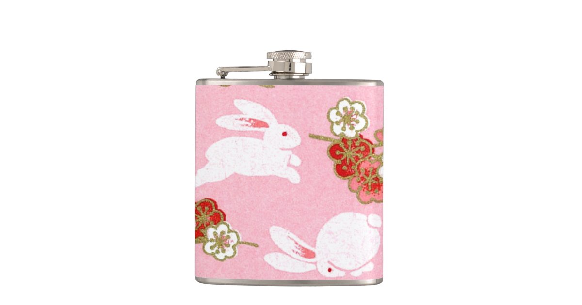 Japanese Art: Pink Sakuras & Rabbits Hip Flask | Zazzle