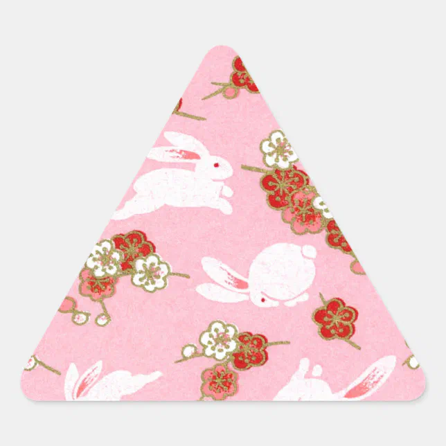 Japanese Art: Pink Sakuras & Rabbits Triangle Sticker | Zazzle