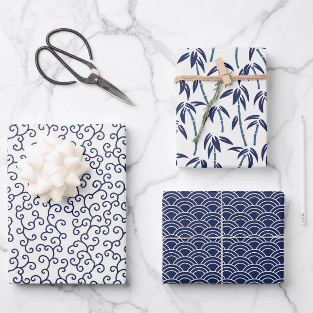 Japanese Bamboo Seigaiha white and blue Wrapping Paper Sheets | Zazzle