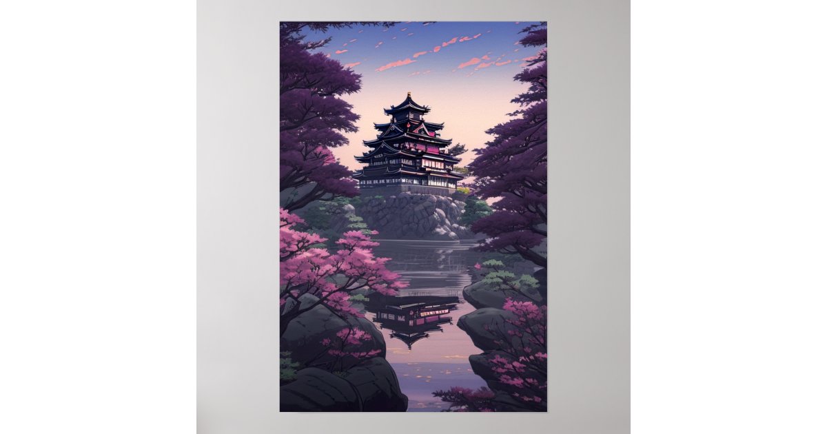 Japanese Castle in Bloom, Rocky Hilltop Fortress Poster | Zazzle