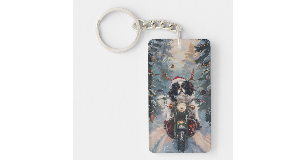 Japanese Chin Dog Riding Motorcycle Christmas Keychain | Zazzle