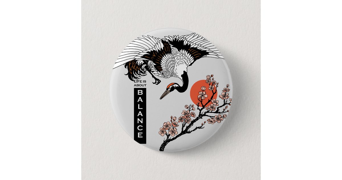 Japanese crane bird and blooming sakura button | Zazzle