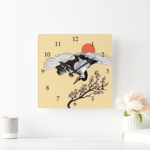 Japanese crane bird and blooming sakura square wall clock | Zazzle