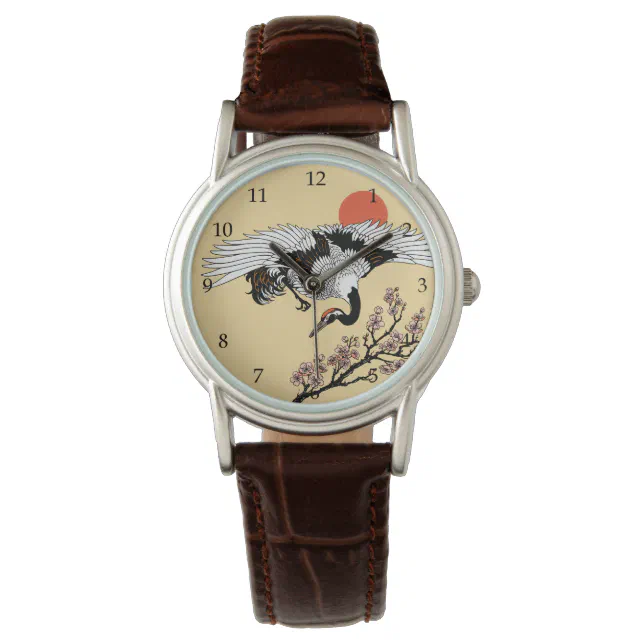 Japanese crane bird and blooming sakura watch | Zazzle