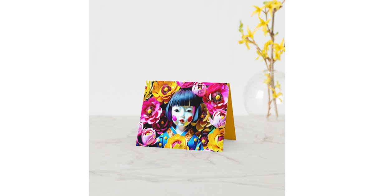 Japanese Doll with Peonies Origami 3HGC Card | Zazzle