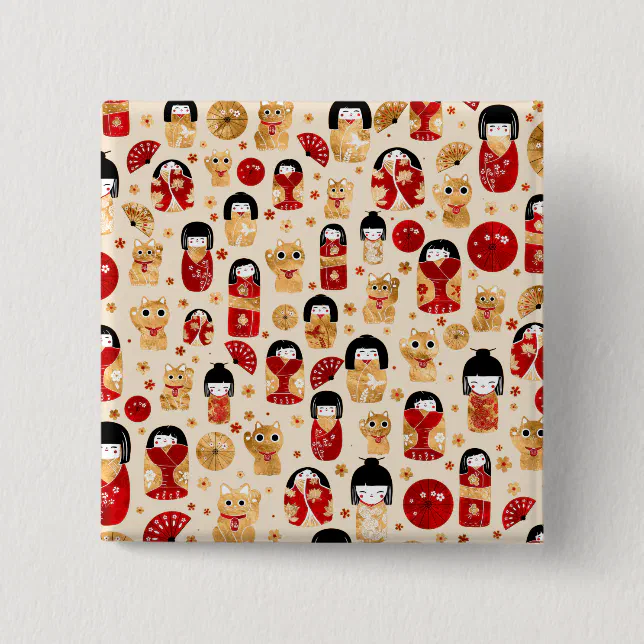 Japanese Dolls - Kokeshi and Maneki Neko Cats Button | Zazzle
