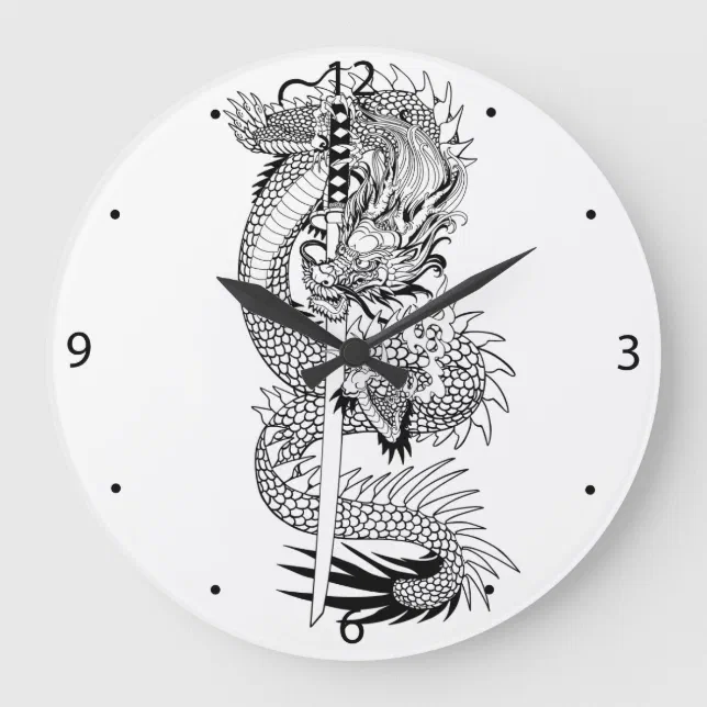 Japanese dragon with katana sword large clock | Zazzle