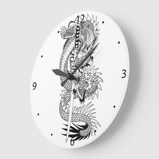 Japanese dragon with katana sword large clock | Zazzle