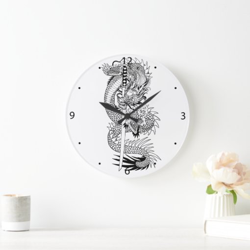 Japanese dragon with katana sword large clock | Zazzle
