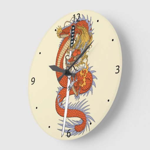Japanese dragon with katana sword large clock | Zazzle