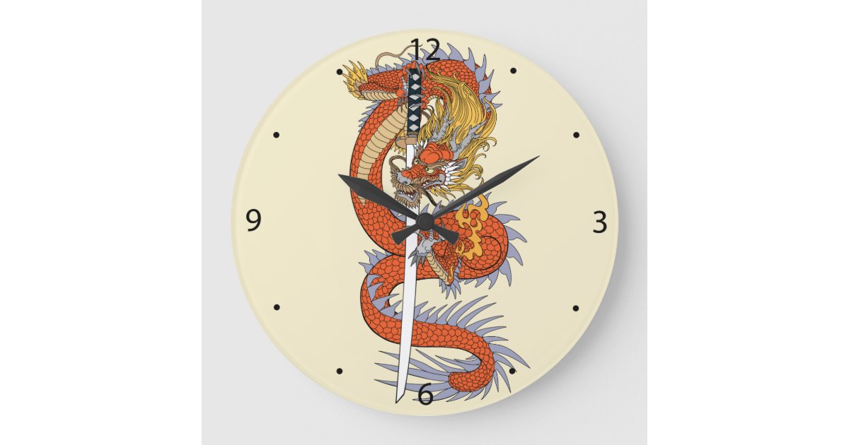 Japanese dragon with katana sword large clock | Zazzle