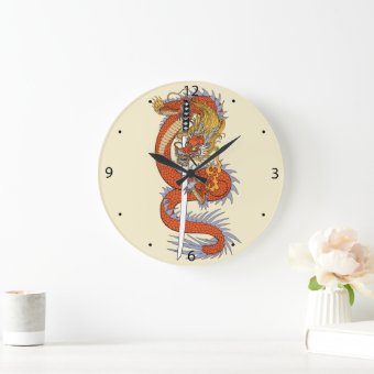 Japanese dragon with katana sword large clock | Zazzle