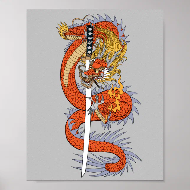 Japanese dragon with katana sword poster | Zazzle