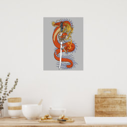 Japanese dragon with katana sword poster | Zazzle