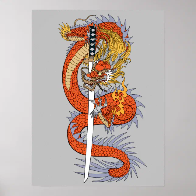 Japanese dragon with katana sword poster | Zazzle
