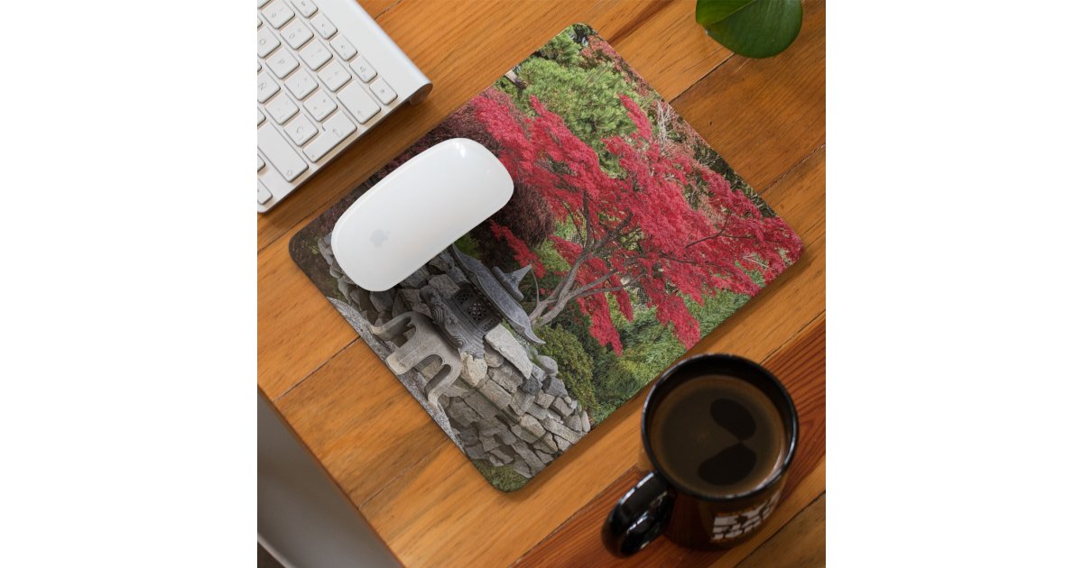 Japanese Garden Lantern and Red Maple Leaves Mouse Pad | Zazzle