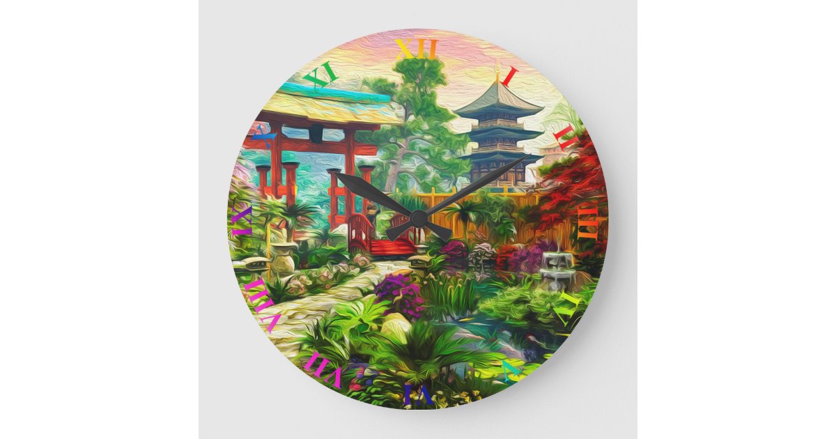 Japanese Garden Pagoda Sakura And Waterfall Large Clock | Zazzle