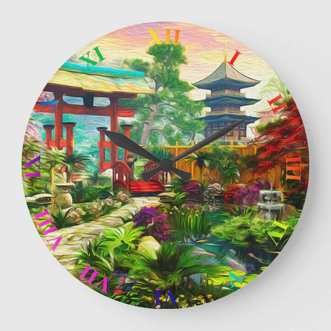 Japanese Garden Pagoda Sakura And Waterfall Large Clock | Zazzle
