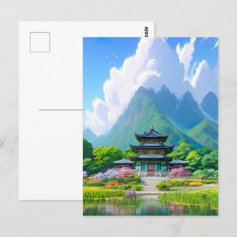 Japanese Garden with Serene Azure-Walled Temple Postcard | Zazzle