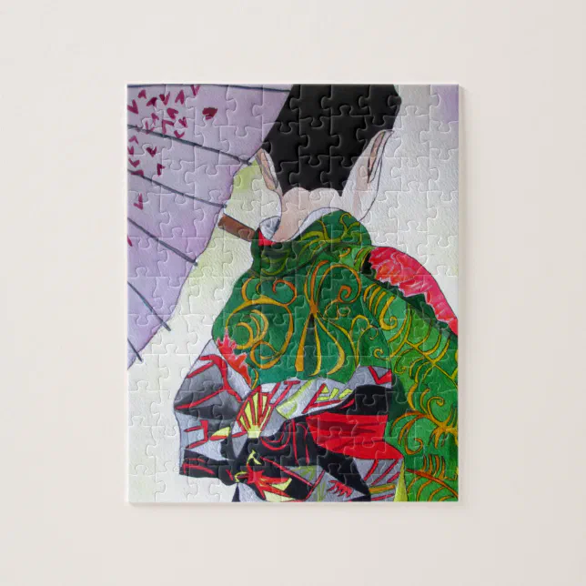 Japanese Geisha art with kimono and umbrella Jigsaw Puzzle | Zazzle