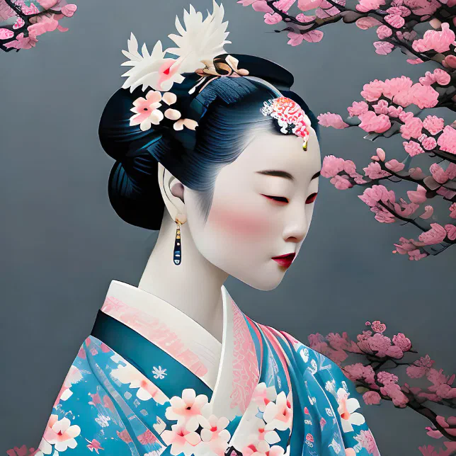 Japanese Geisha In A Cherry Blossom Garden Poster | Zazzle