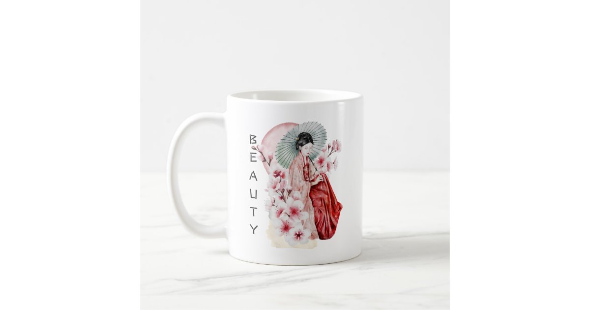 Japanese Geisha Watercolor with Kimono and Sakura Coffee Mug | Zazzle
