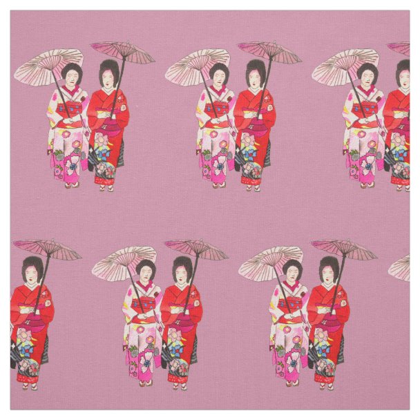Japanese Geisha with pink blossom cute art Fabric | Zazzle