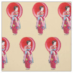 Japanese Geisha with pink blossom cute art Fabric | Zazzle