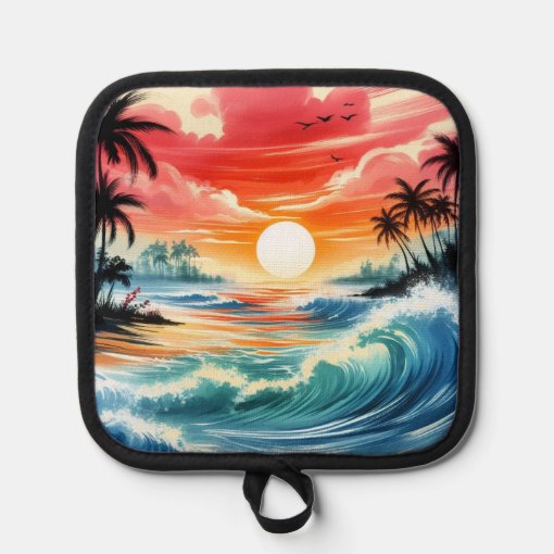 Japanese Ink Drawing Ocean Waves Tropical Beach Pot Holder | Zazzle