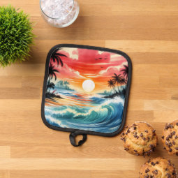 Japanese Ink Drawing Ocean Waves Tropical Beach Pot Holder | Zazzle