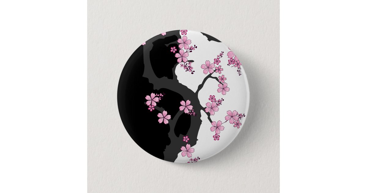 Japanese Kimono Black and White Pink Sakura Button | Zazzle