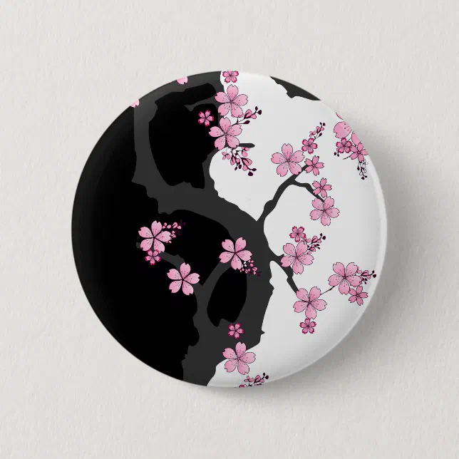 Japanese Kimono Black and White Pink Sakura Button | Zazzle