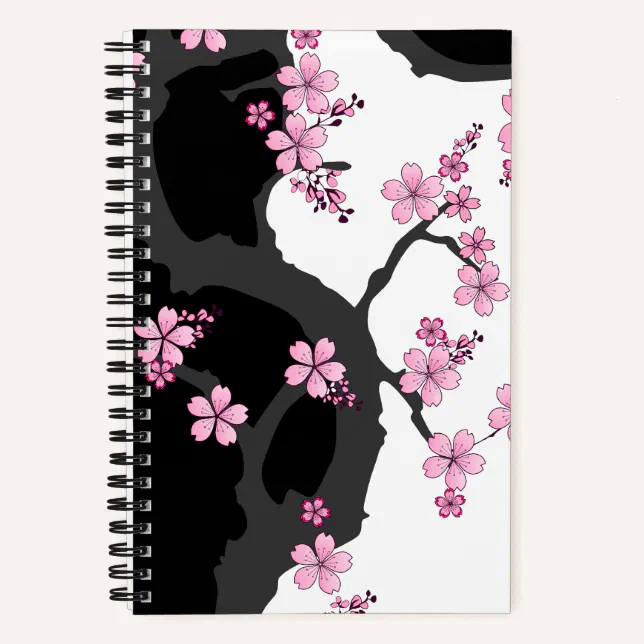 Japanese Kimono Black and White Pink Sakura Notebook | Zazzle