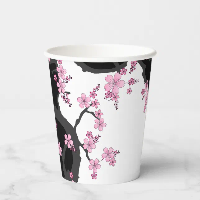 Japanese Kimono Black and White Pink Sakura Paper Cups | Zazzle