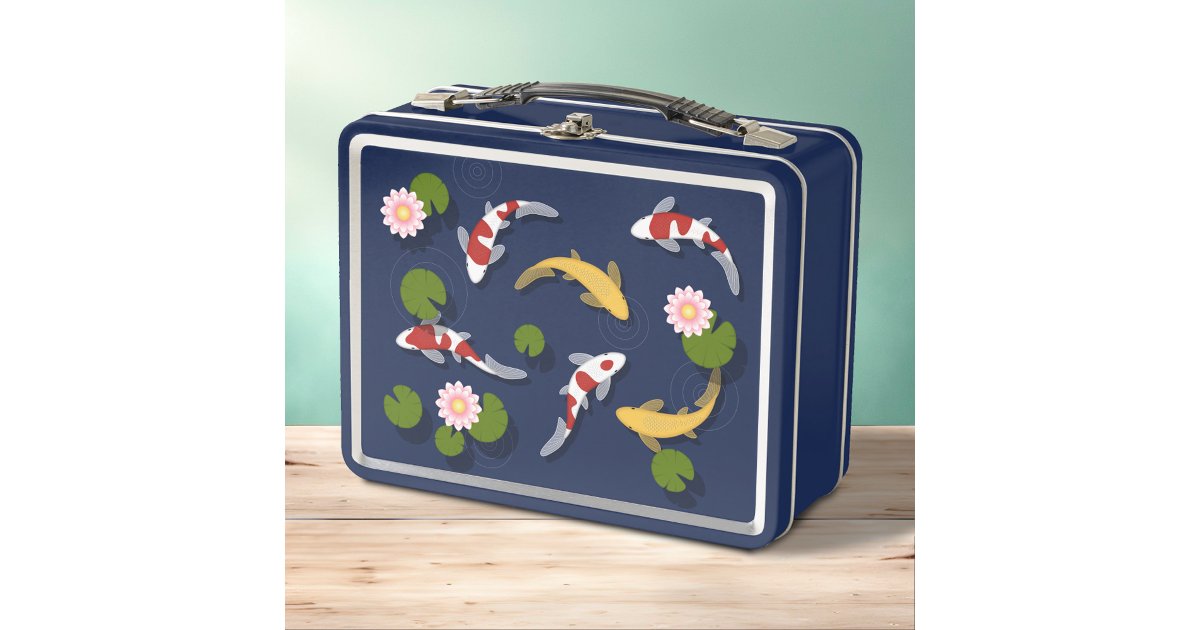 Japanese Koi Fish Pond on Blue Metal Lunch Box | Zazzle